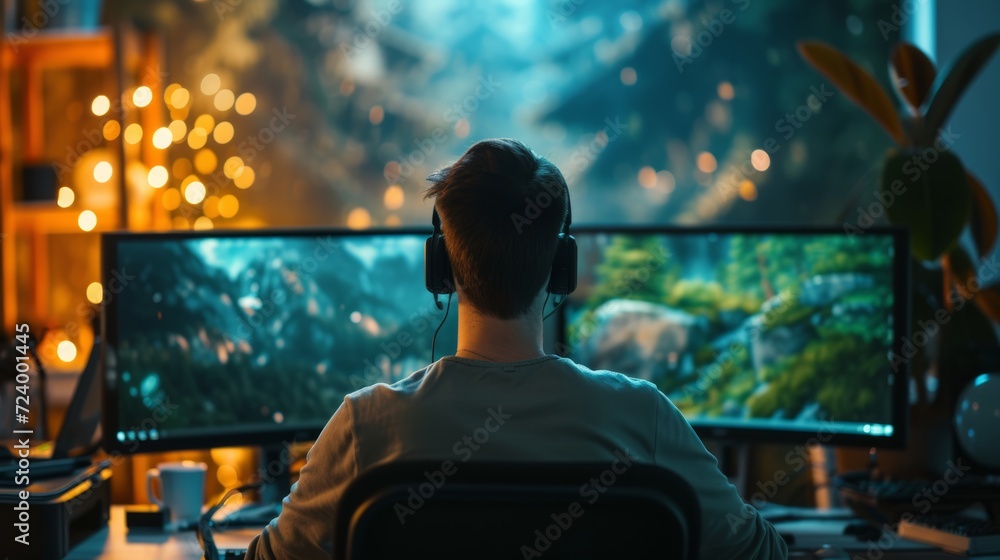 A focused man immersing himself in a digital world, surrounded by an ...