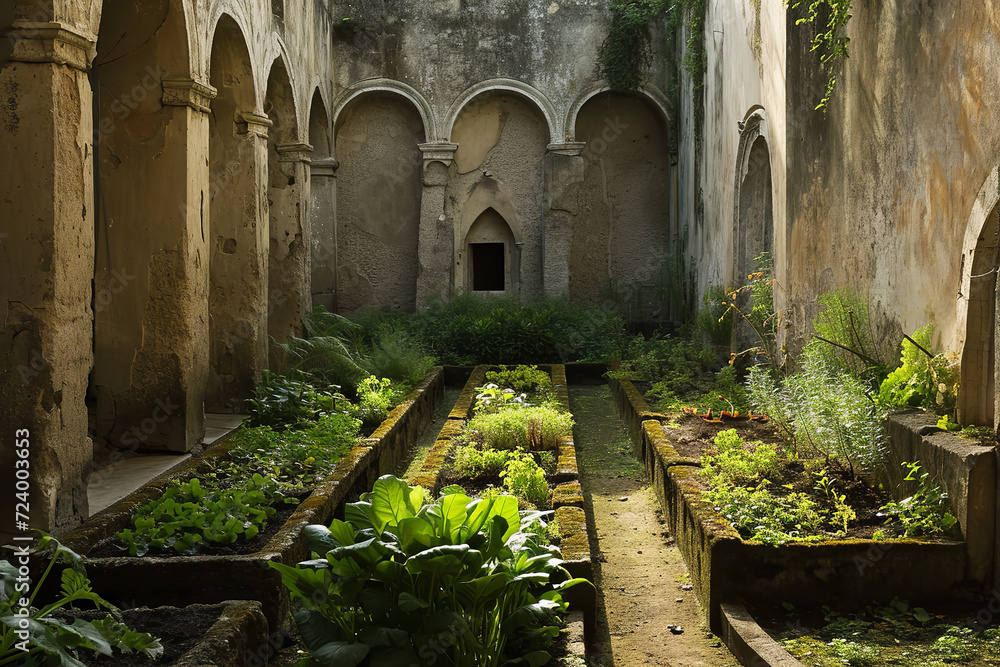 Depict a medieval herb garden in a convent - tended by nuns. They are ...