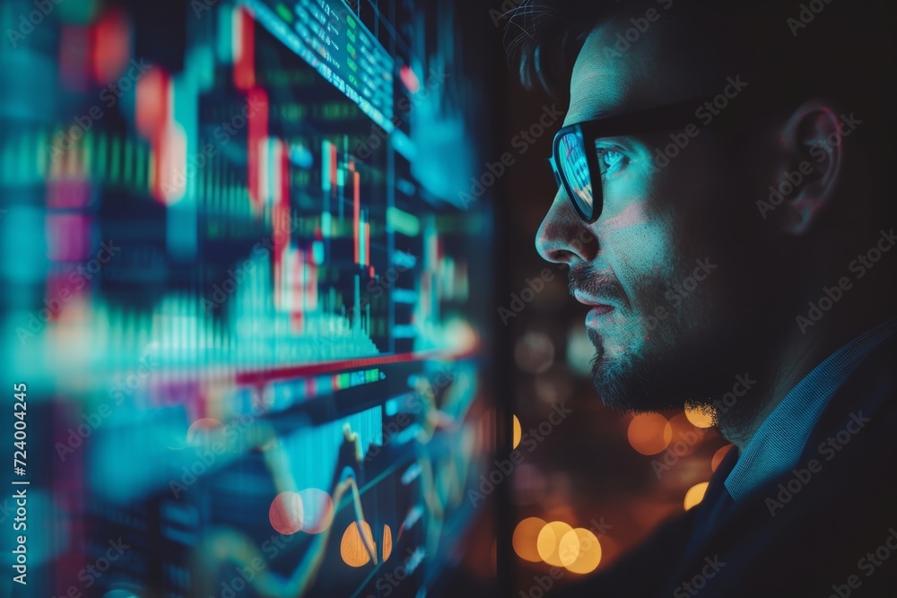 As the soft glow of the computer screen illuminates his glasses, a man ...