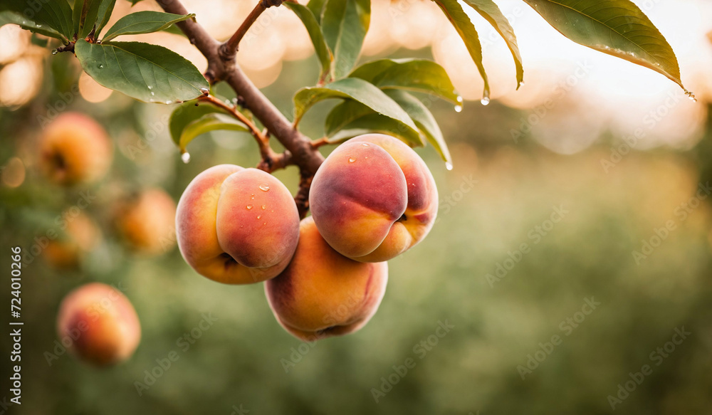 Ripe peaches on the tree with natural backlight. Branch with a harvest ...