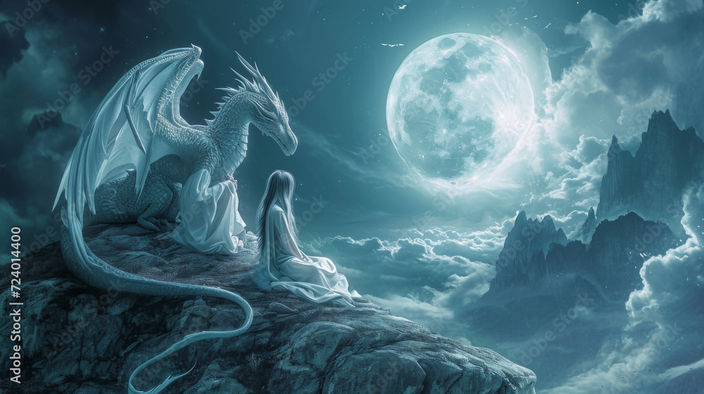 As the moon rises an angel and dragon sit upon a mountaintop lost in ...