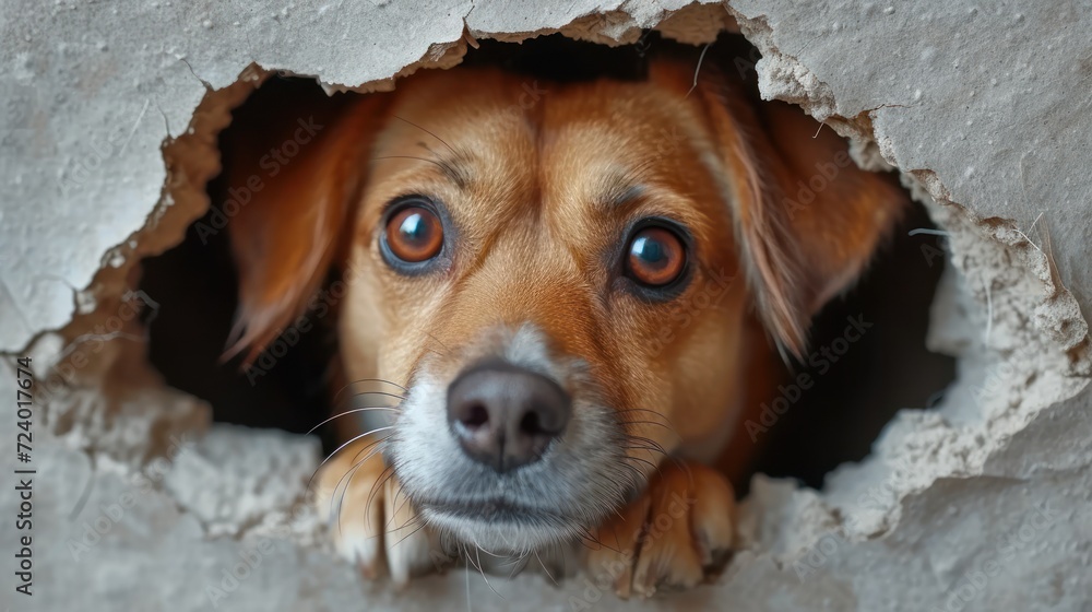 a close up of a dog poking its head out of a hole in a concrete wall ...