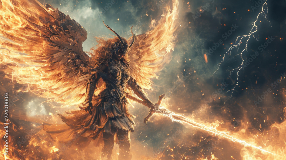With her fiery wings and spear of lightning a Valkyrie appears almost ...