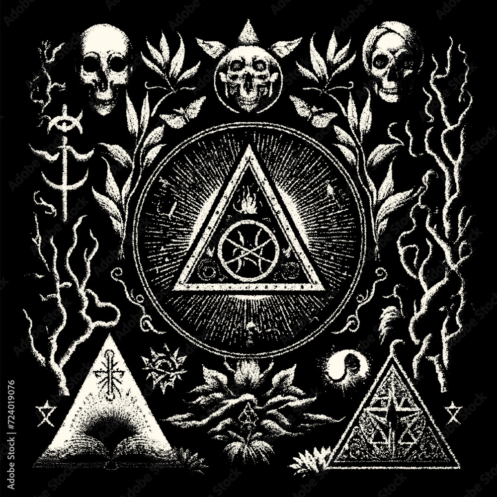 Occult symbols composition in dotwork style. Abstract mystic elements ...