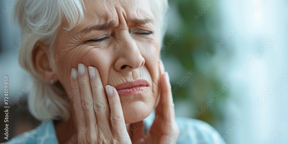 Senior woman old lady pressing sore cheek, suffering acute toothache ...