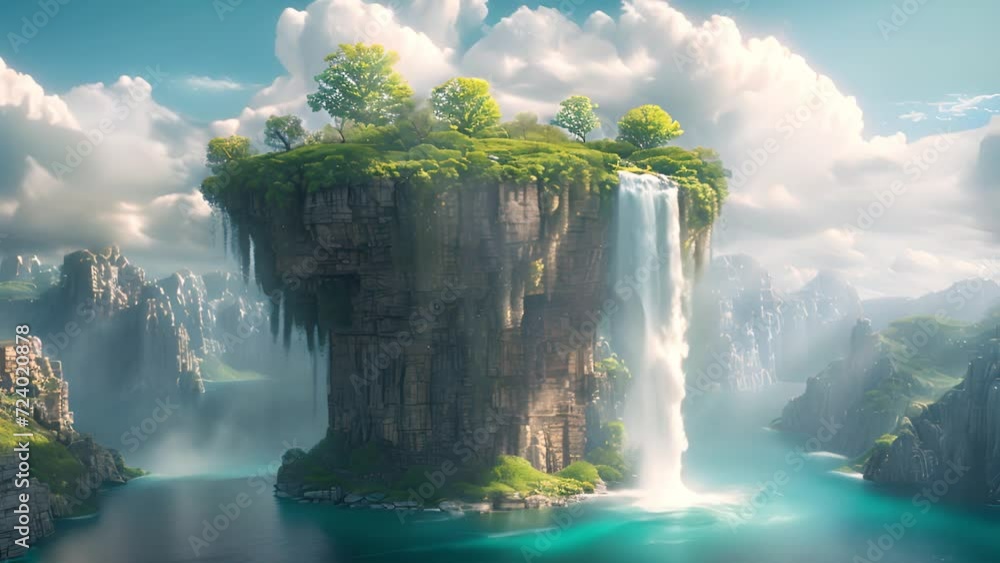 Flying Island. Fantasy paradise land with waterfall, trees, mountains ...