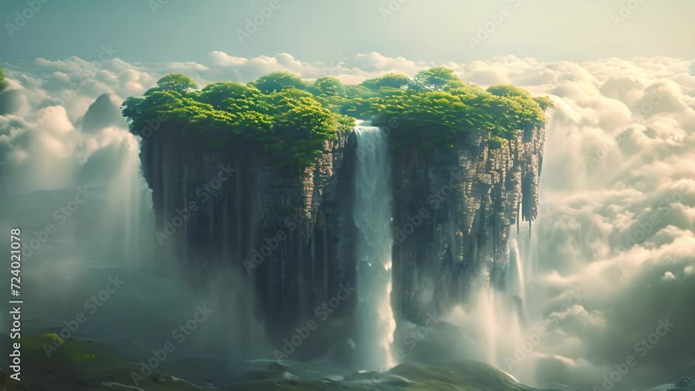 Flying Island. Fantasy paradise land with waterfall, trees, mountains ...
