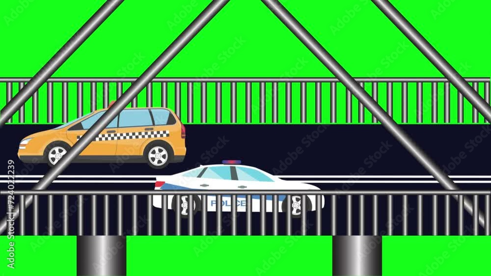 Cartoon flat animation of cars running on the bridge green screen ...