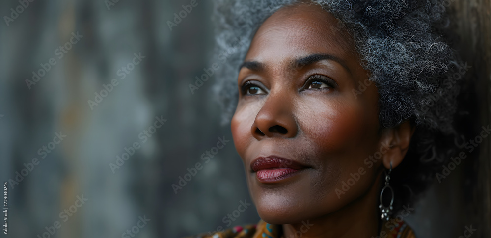 elegant mature woman is looking up to the camera to show her self ...