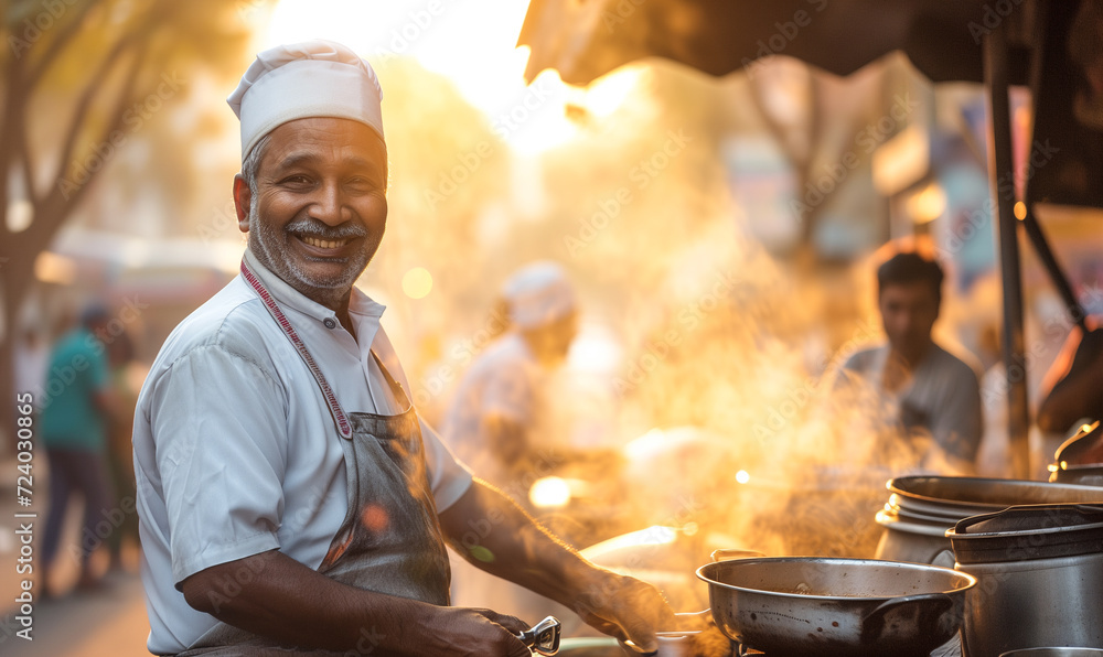 Indian Street food chef cooking in a frying pan with a high flameon ...