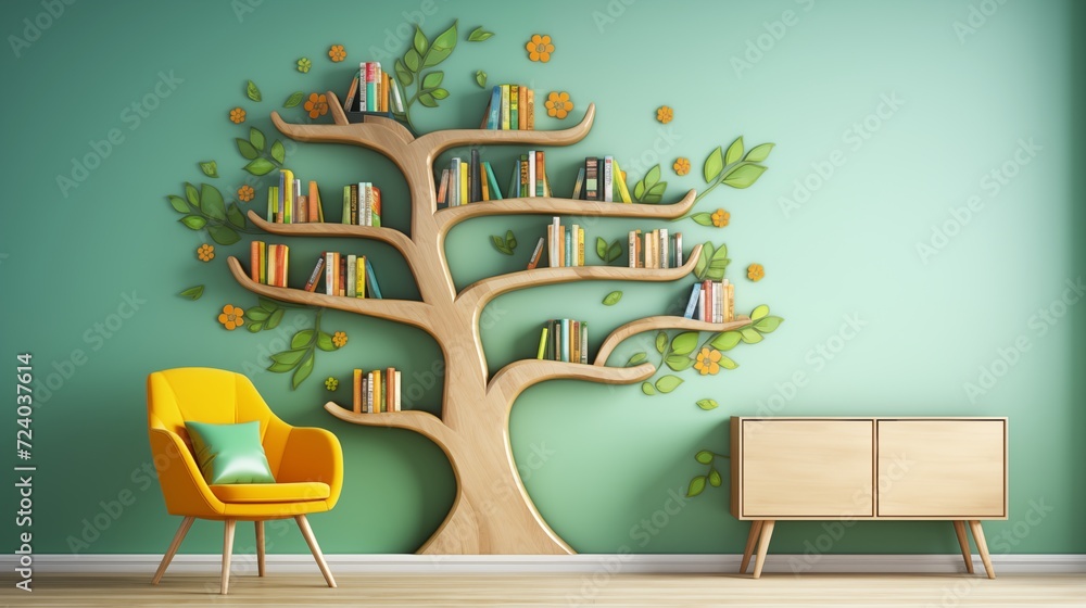 Create a nature-themed room with tree-shaped bookshelves, flower wall ...