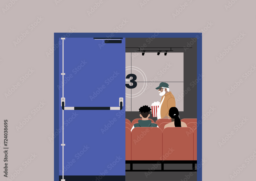 Through the doorway of a screening room, a screen displays the ...