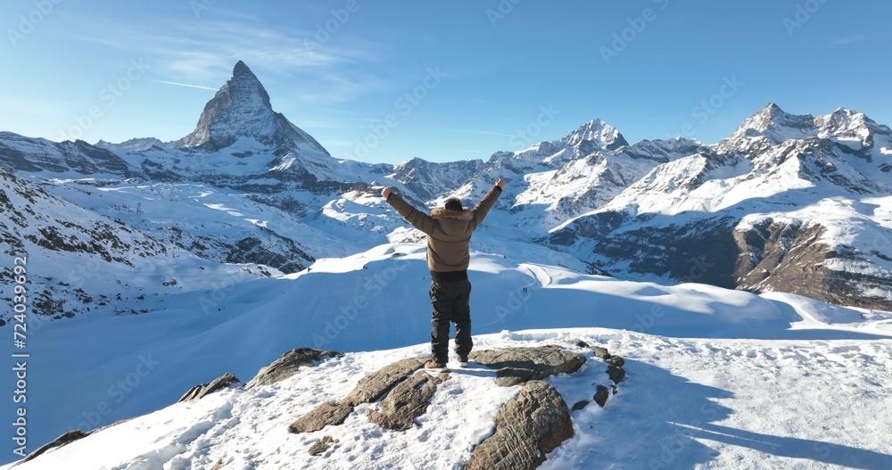 Panoramic landscape of Successful asian man celebrate and raising arms ...