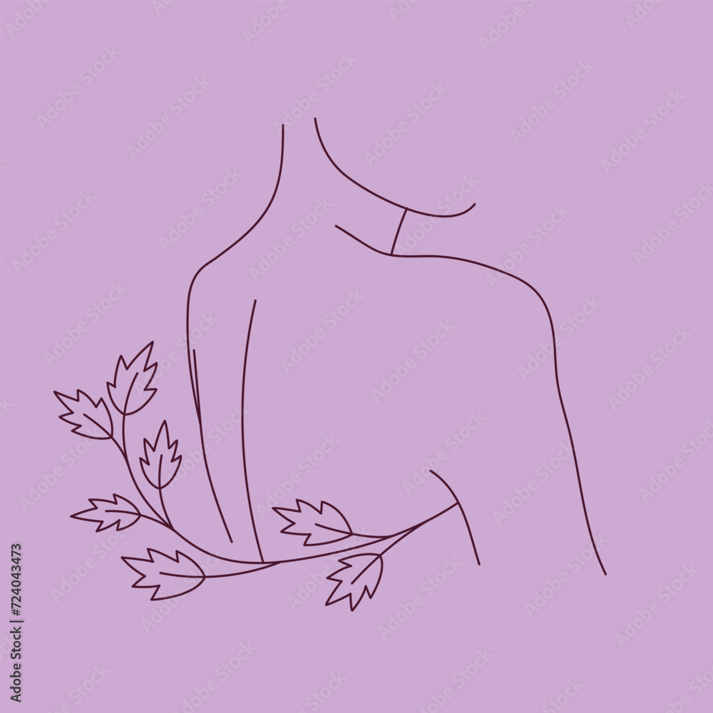 Minimalistic drawing of a beautiful woman's back with a twig and leaves ...