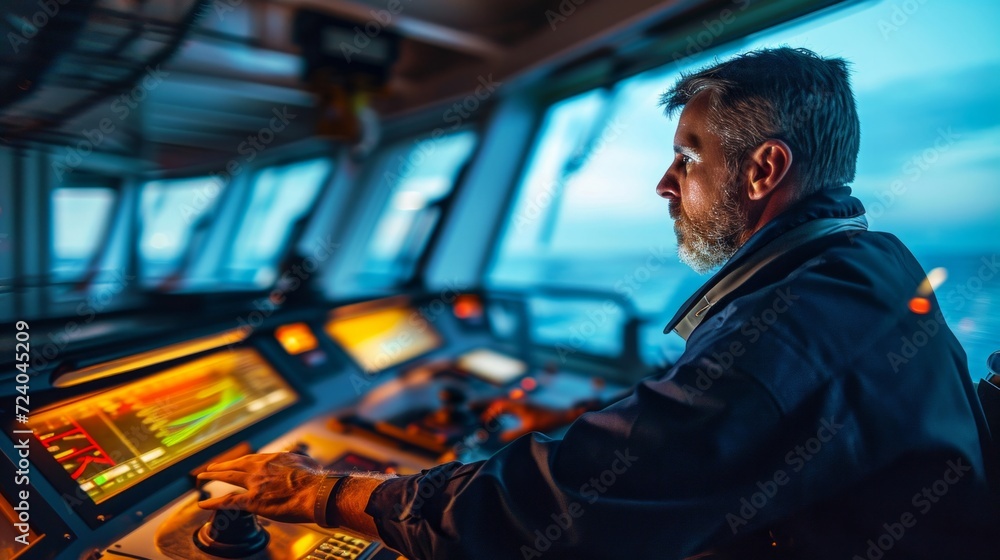 Deck officer with binoculars on navigational bridge. Seaman on board of ...