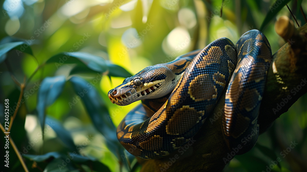 A majestic python gracefully coiled around the branches of a tropical ...