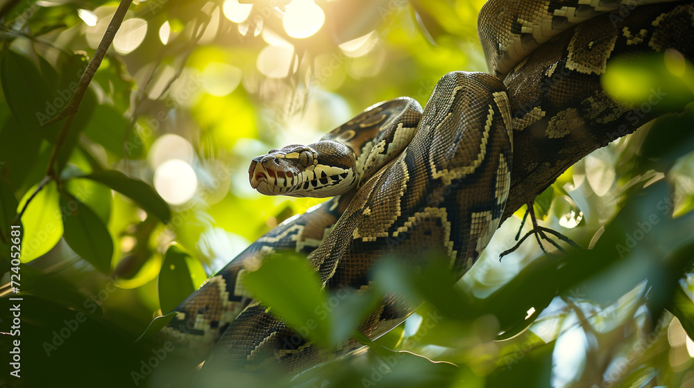 A majestic python gracefully coiled around the branches of a tropical ...