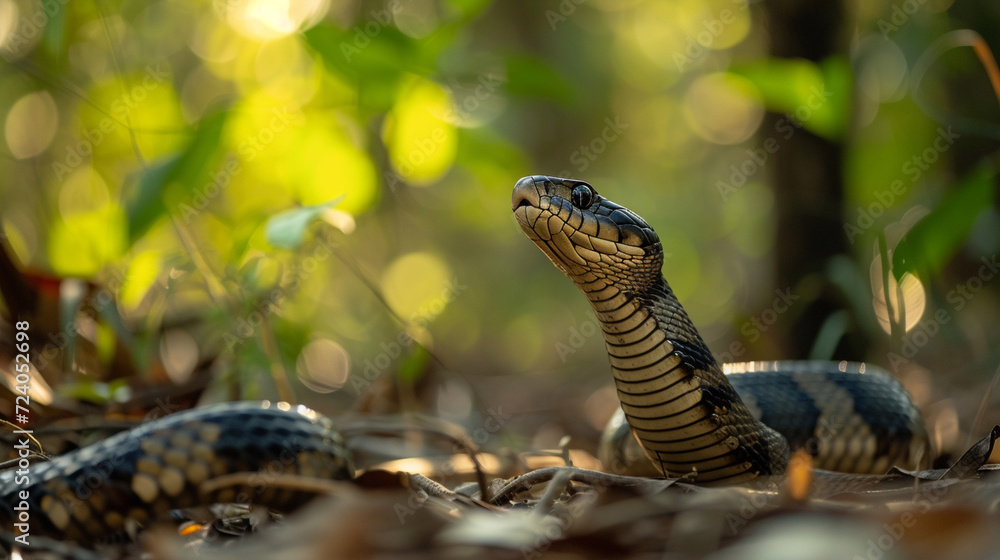 A mesmerizing king cobra rising from the forest floor, its hood flared ...