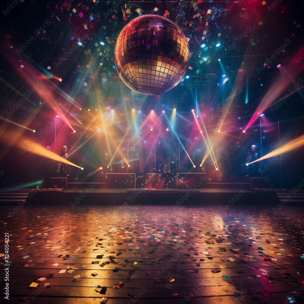 Nightclub disco ball on the stage 80s party background invitation Stock ...