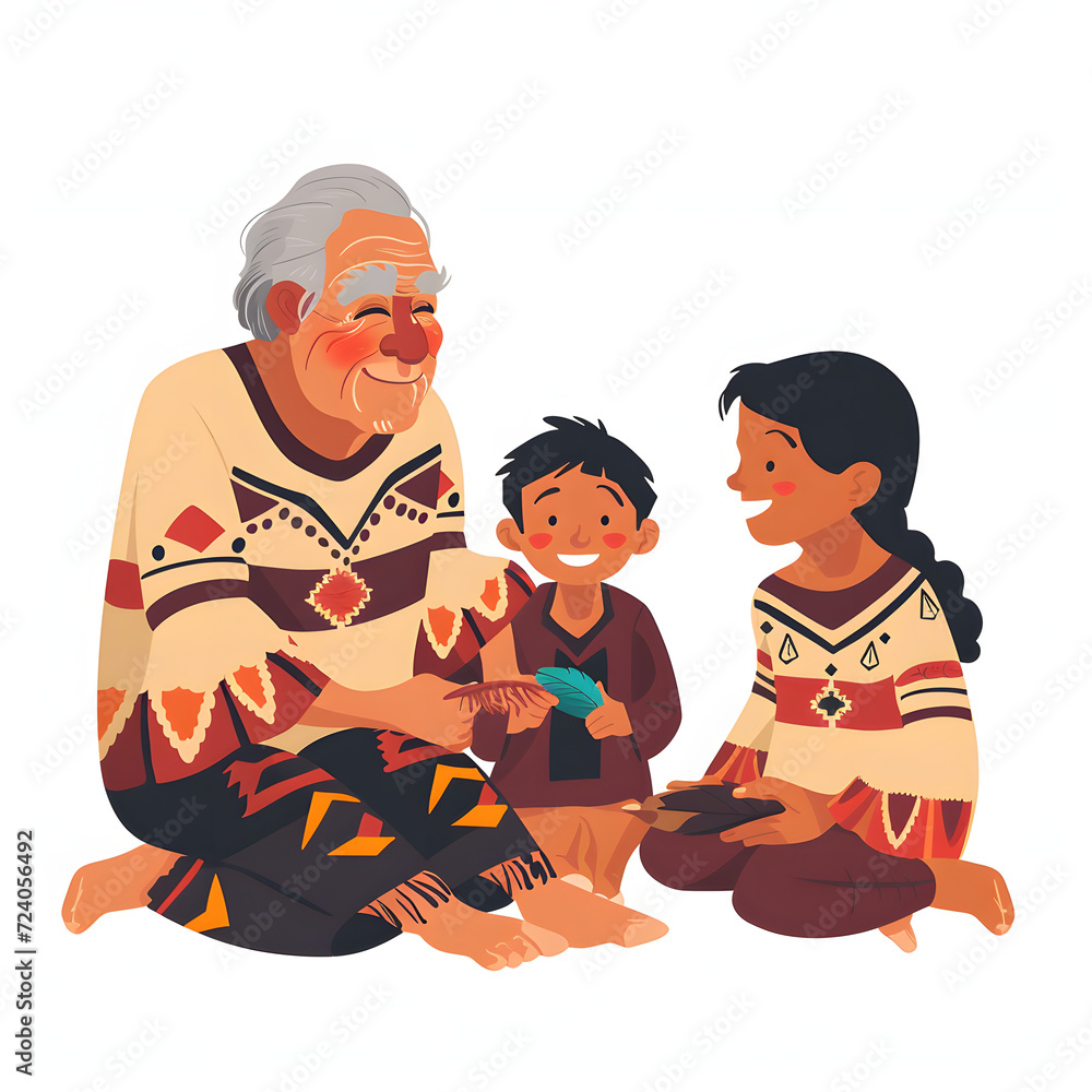 Indigenous elder sharing stories with grandchildren isolated on white ...