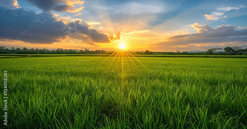 The Early Sun's Warmth Envelops the Rice Fields in a Golden Sheen Stock ...