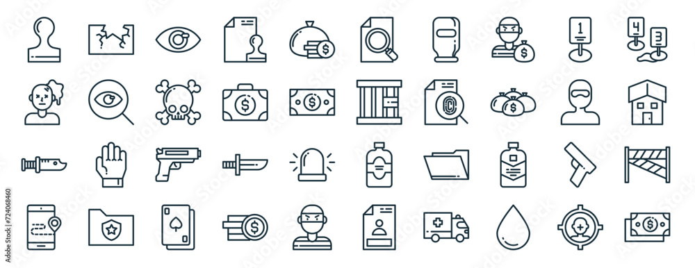 set of 40 outline web crime icons such as wall, victim, knife ...