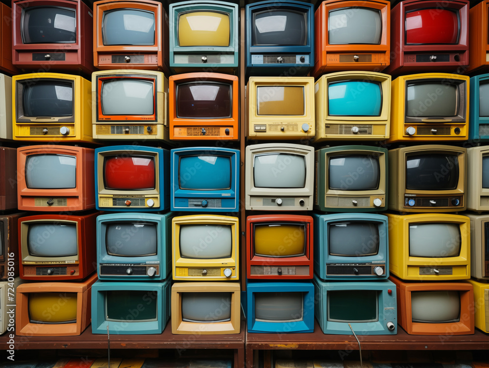 Analogue TV world background with a various colors mini TVs piled in ...