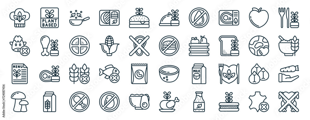 set of 40 outline web plant based food icons such as label, no meat ...