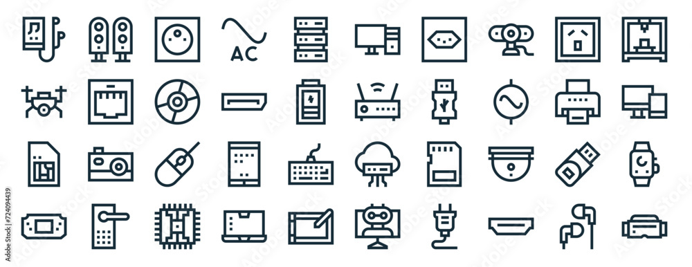 set of 40 outline web technology and devices icons such as speakers, drone, , portable console ...