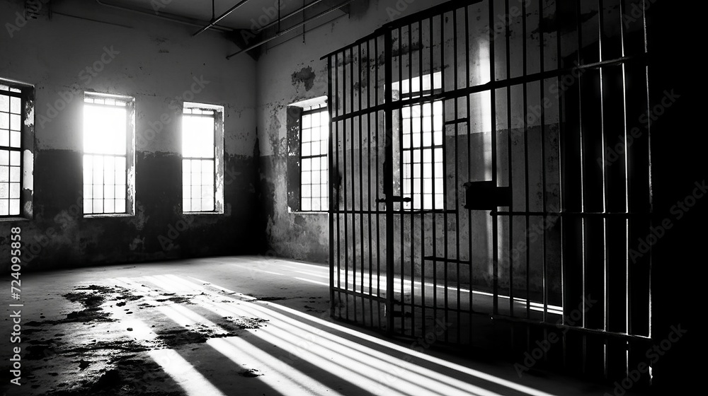 High-contrast black and white photo of an empty prison cell, the open ...