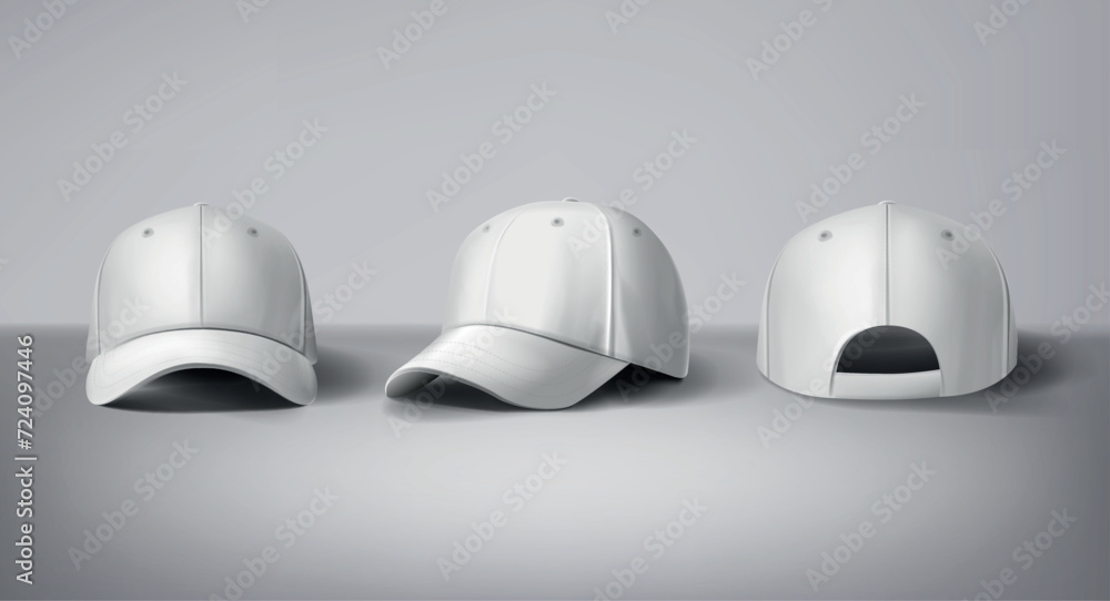 White baseball caps mock up a gray background, front and back or ...