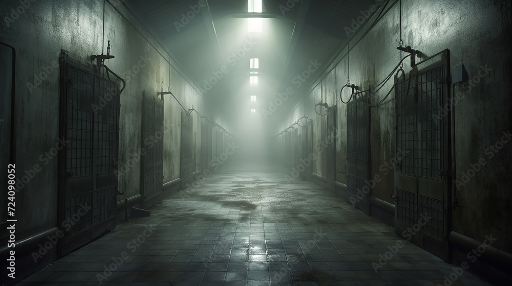 An eerie, abandoned prison hall with cells fading into the mist, an ...