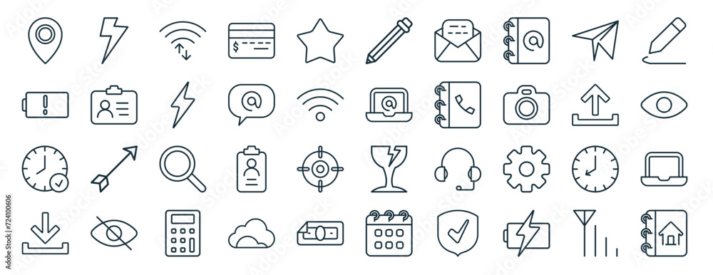 set of 40 outline web user interface icons such as thunder, low battery ...