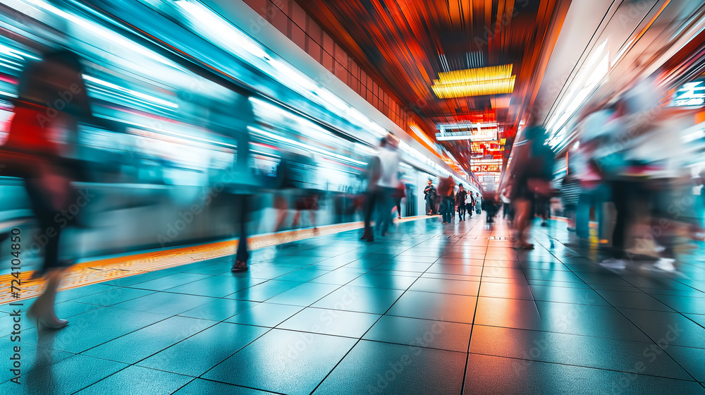 Commuters silhouettes in subway or train station with fast-moving train ...