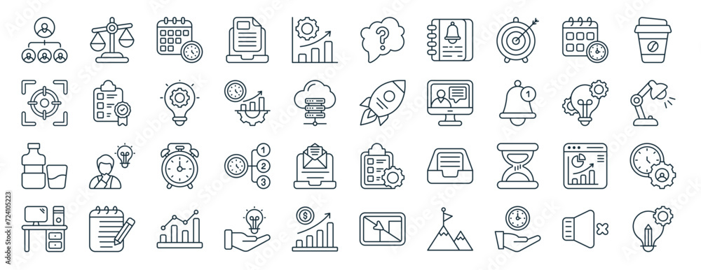 set of 40 outline web productivity icons such as feasibility, focus ...