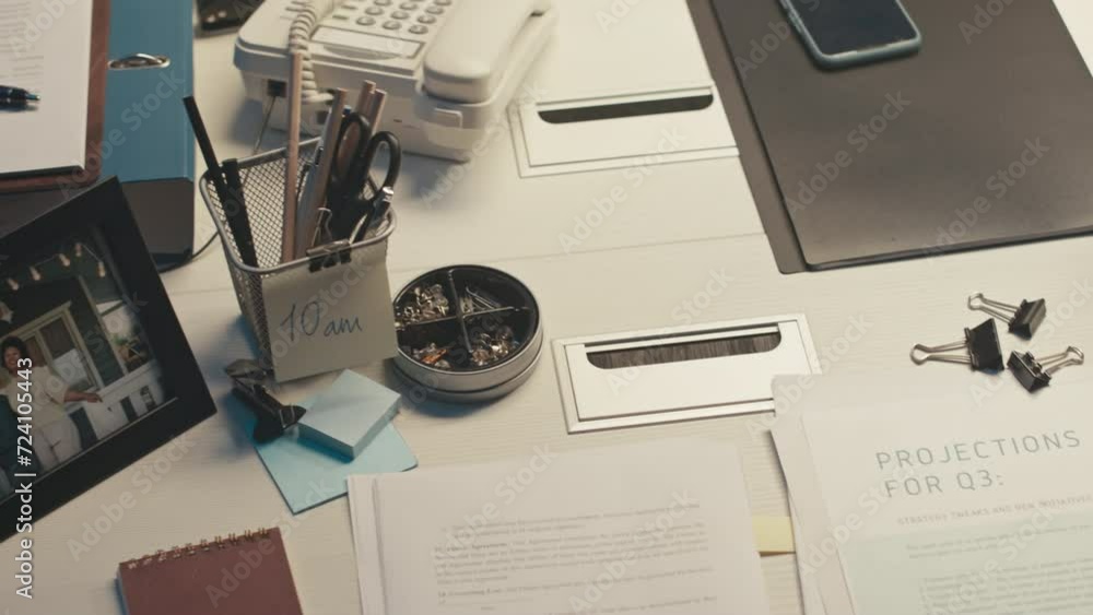 No people top view shot of stacked work desk of unrecognizable office ...
