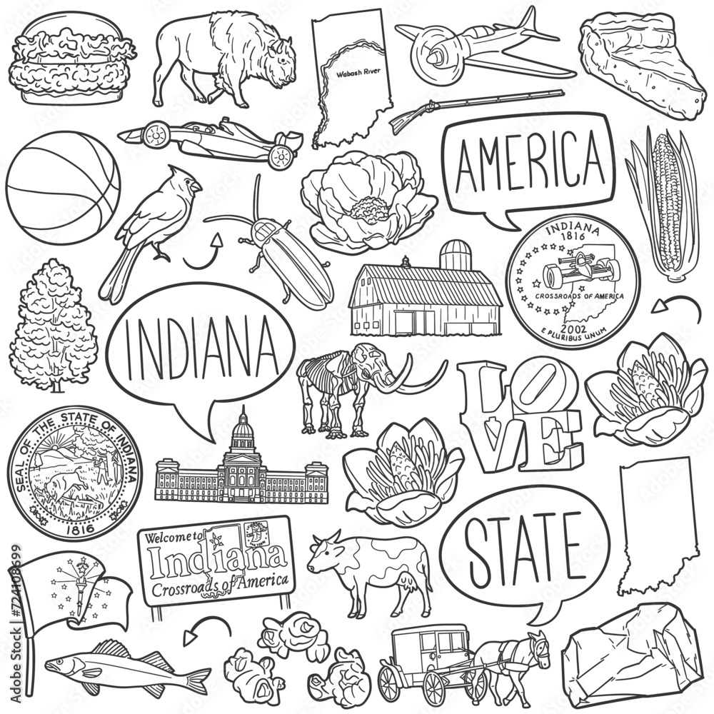 Indiana State Doodle Icons Black and White Line Art. United States ...