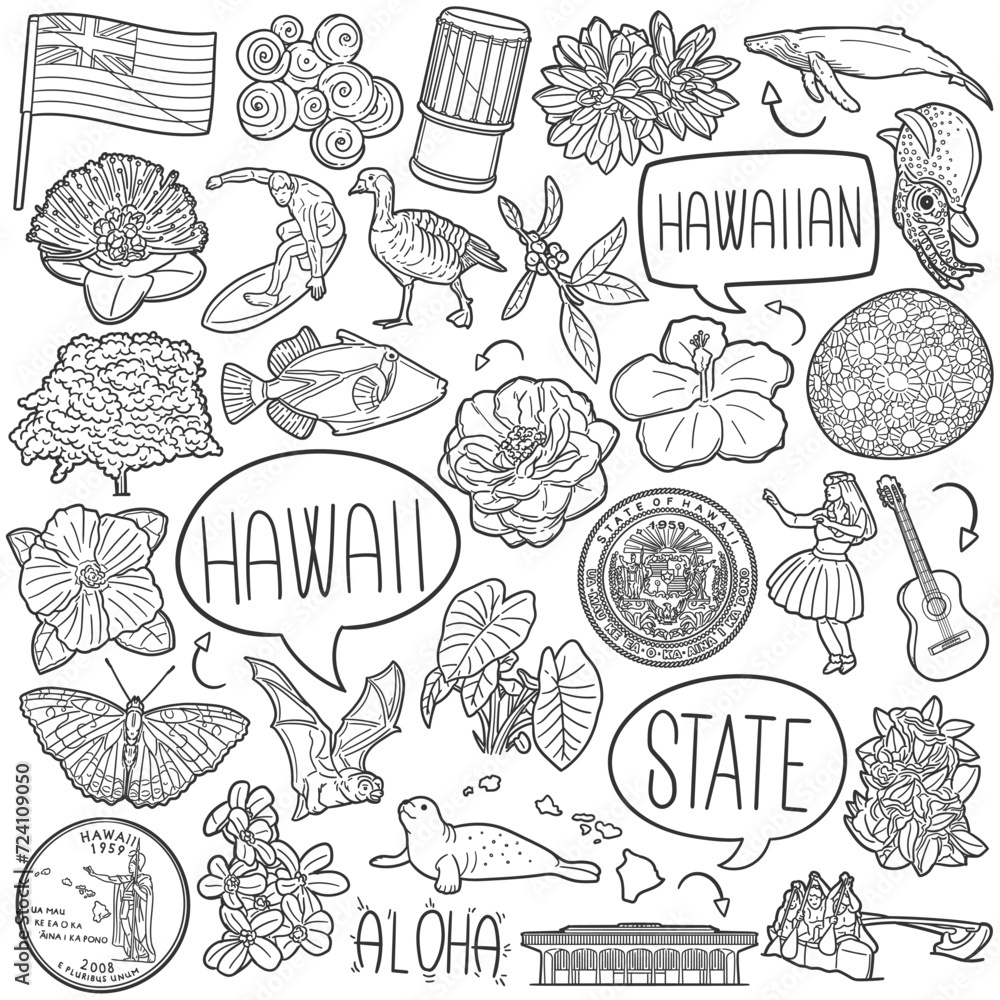 Hawaii State Doodle Icons Black and White Line Art. Hawaiian Clipart ...