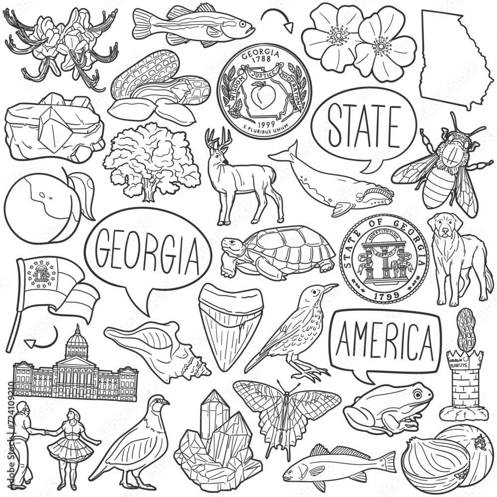 Georgia State Doodle Icons Black and White Line Art. United States ...