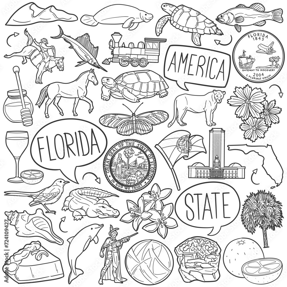 Florida State Doodle Icons Black and White Line Art. United States ...