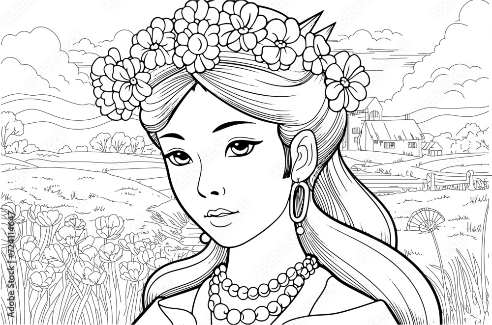 Young Asian princess portrait coloring page. Outline black ink drawing ...