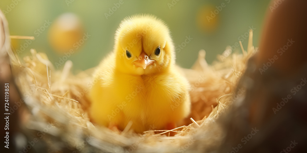 Fluffy yellow lumps in form of chicken hatching from egg, A chicken on ...