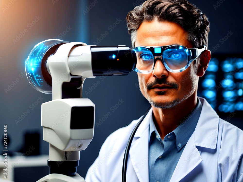 A doctor at an optical clinic with futuristic ophthalmoscope equipment ...