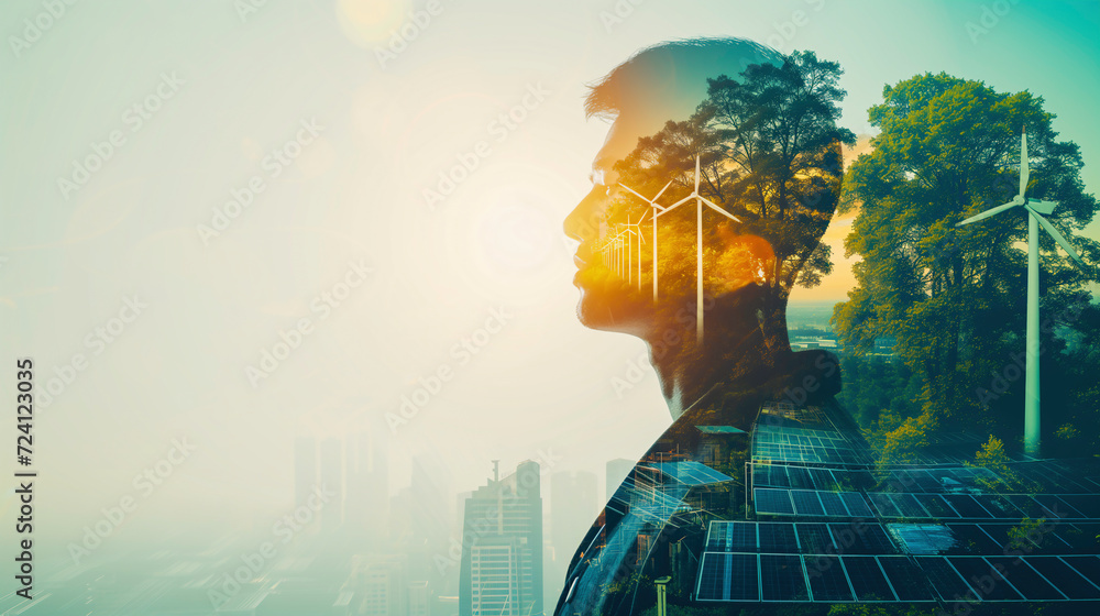 Double exposure of men with innovative city solar panels advanced, wind ...