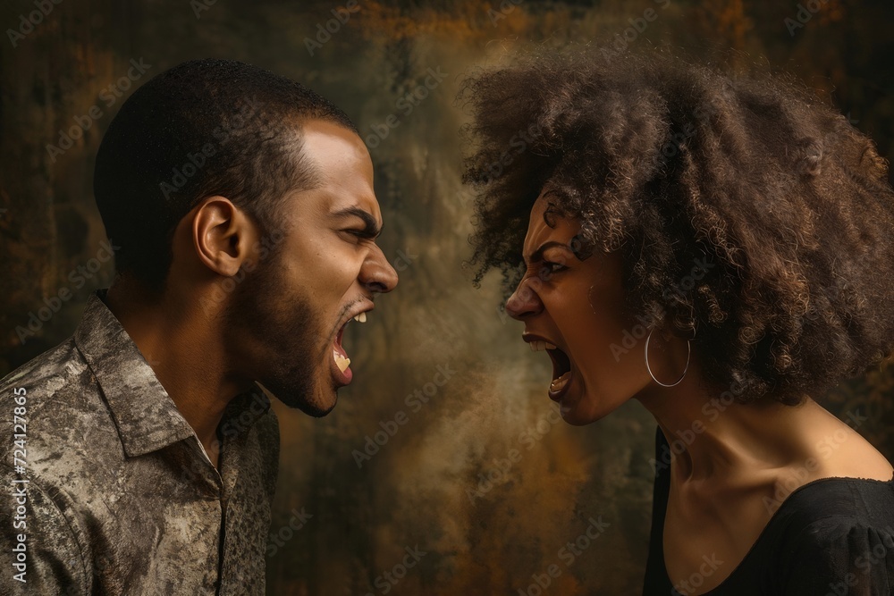 Angry young adult african american woman yelling versus her husband ...