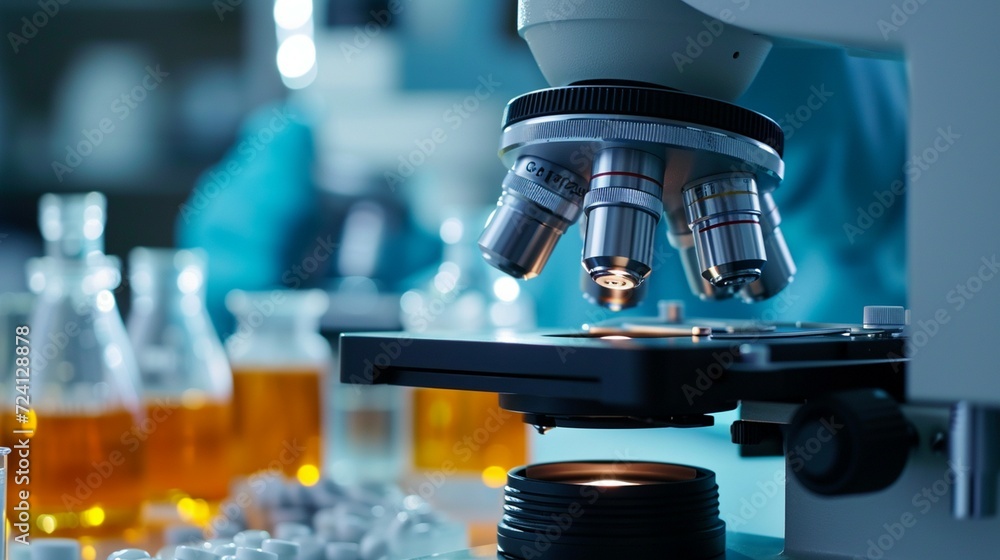 Examination of the sample with germs and bacteria under a microscope ...