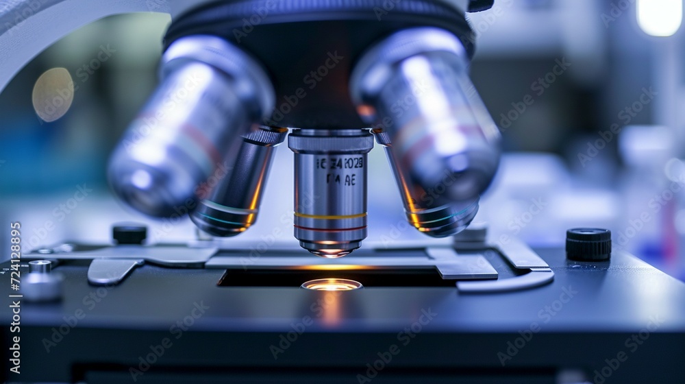 Examination of the sample with germs and bacteria under a microscope ...