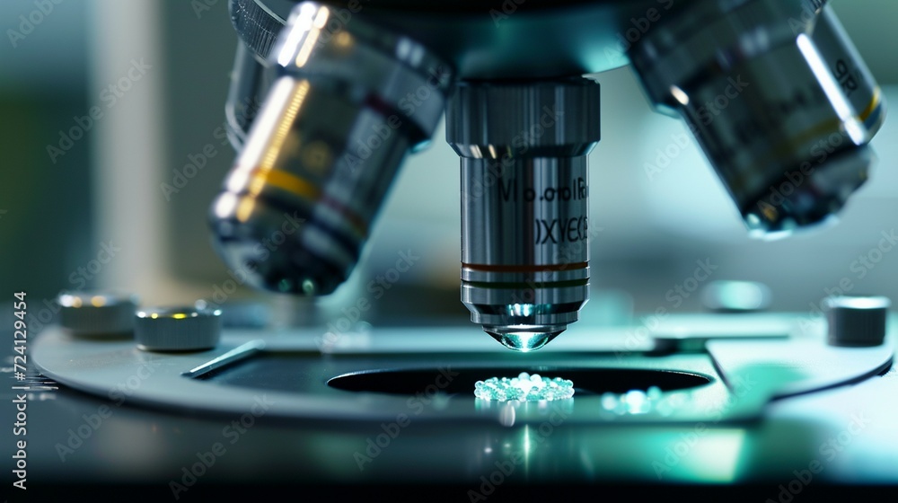 Examination of the sample with germs and bacteria under a microscope ...