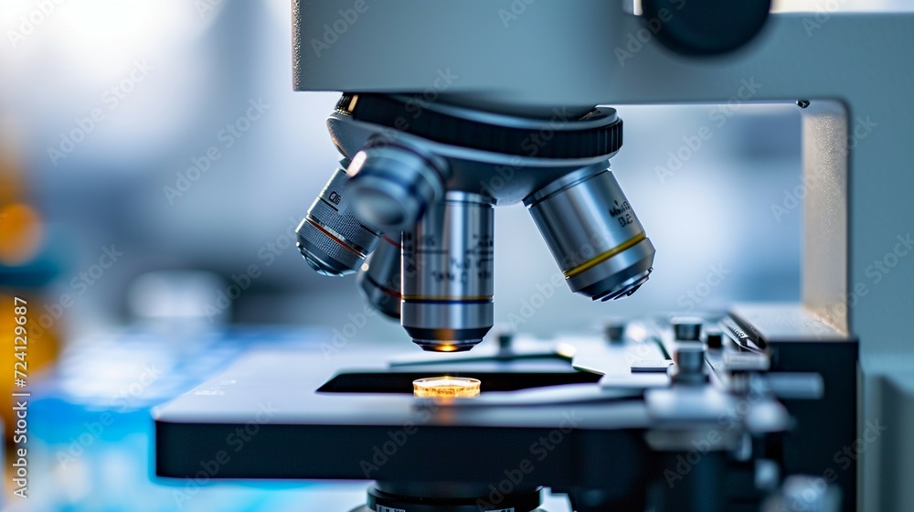 Examination of the sample with germs and bacteria under a microscope ...