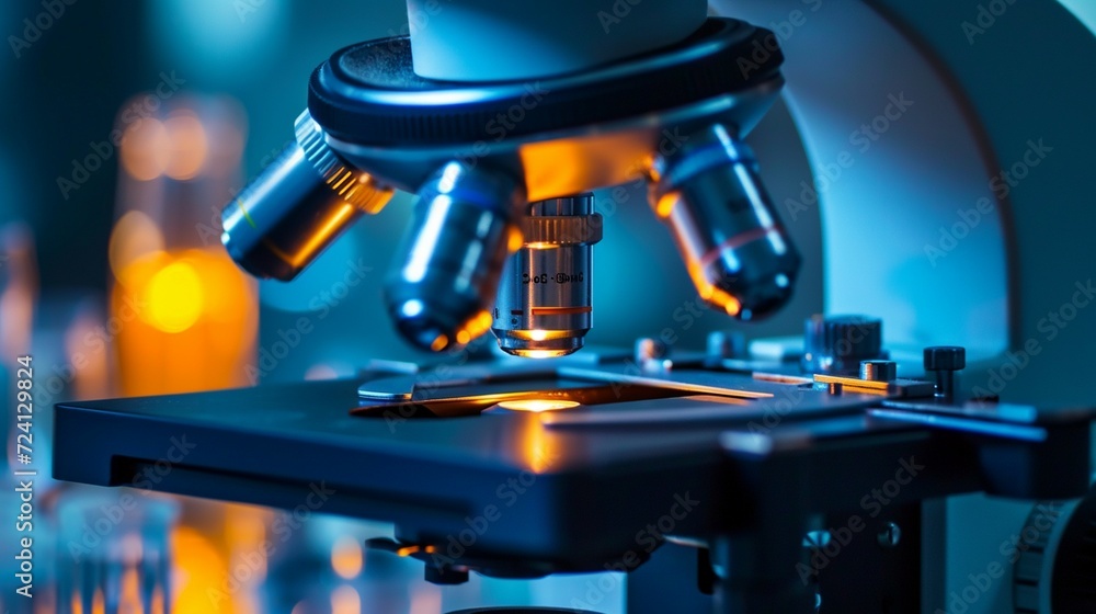 Examination of the sample with germs and bacteria under a microscope ...